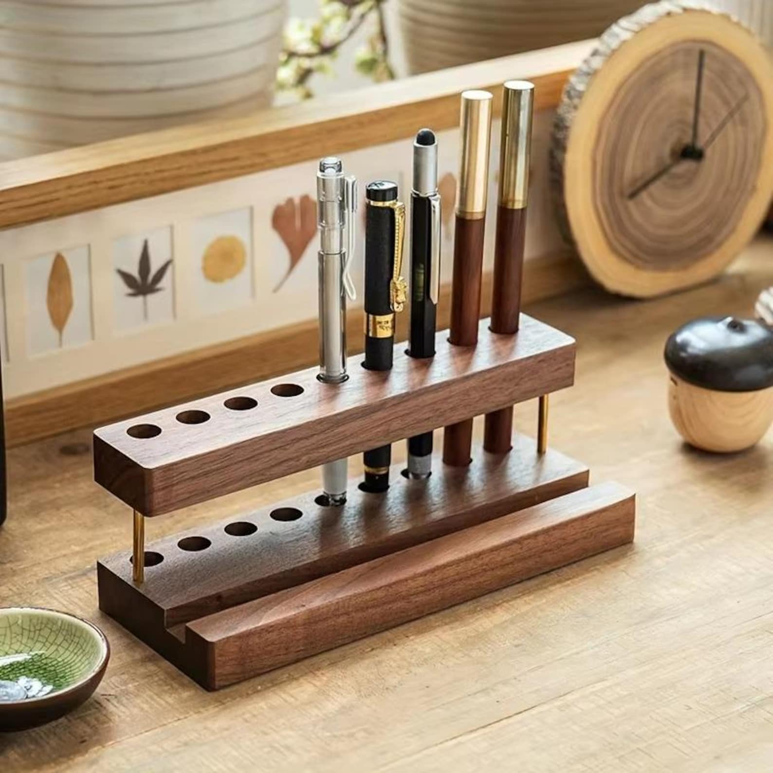 Walnut Wood Desk Organizer: Multifunctional Pen & Phone Stand - Etsy