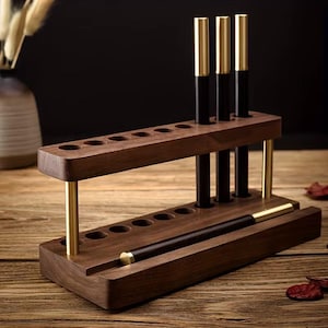 Walnut Wood Desk Organizer: Multifunctional Pen & Phone Stand - Etsy