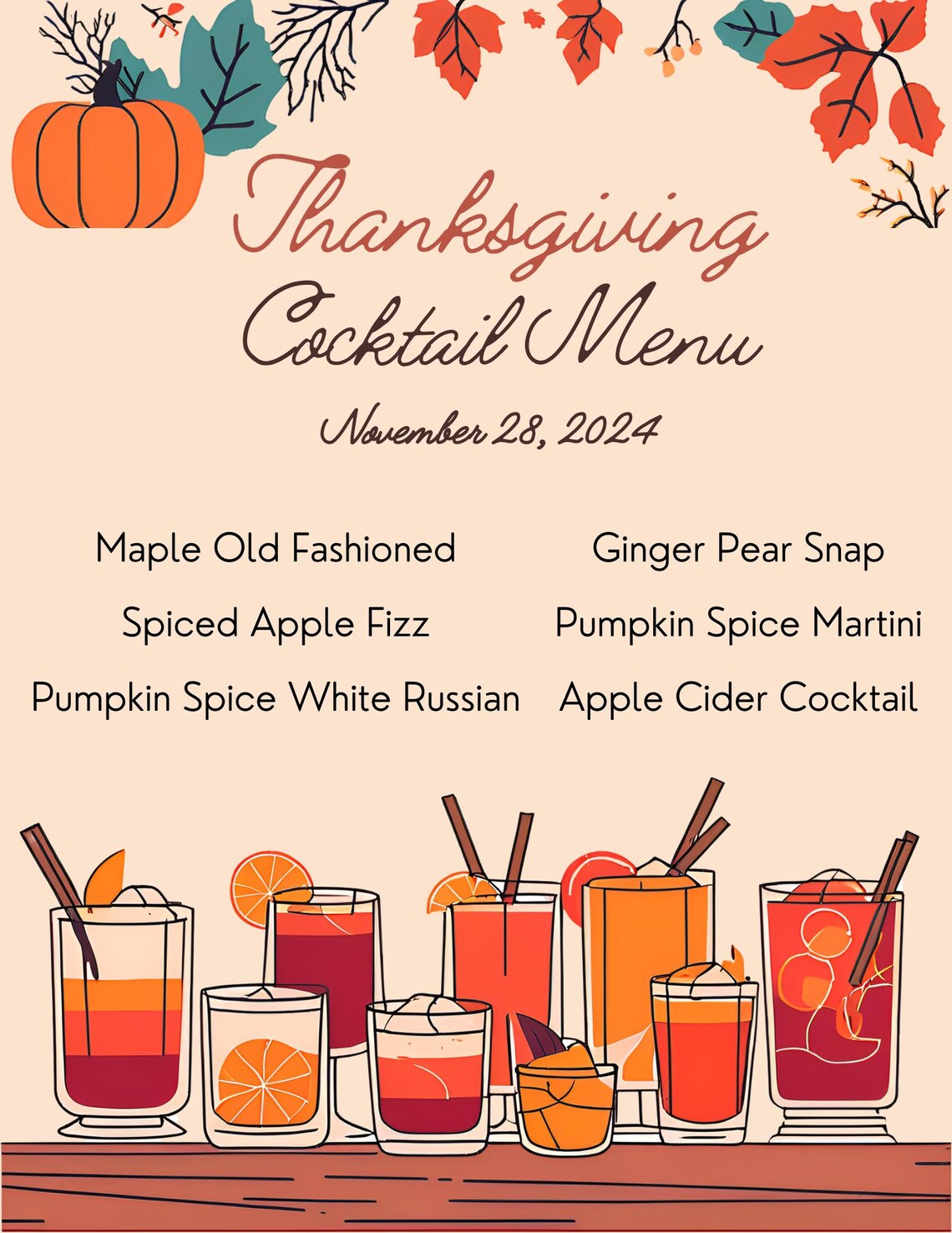 Customizable Thanksgiving / Fall Cocktail Menu | Personalized Drink ...