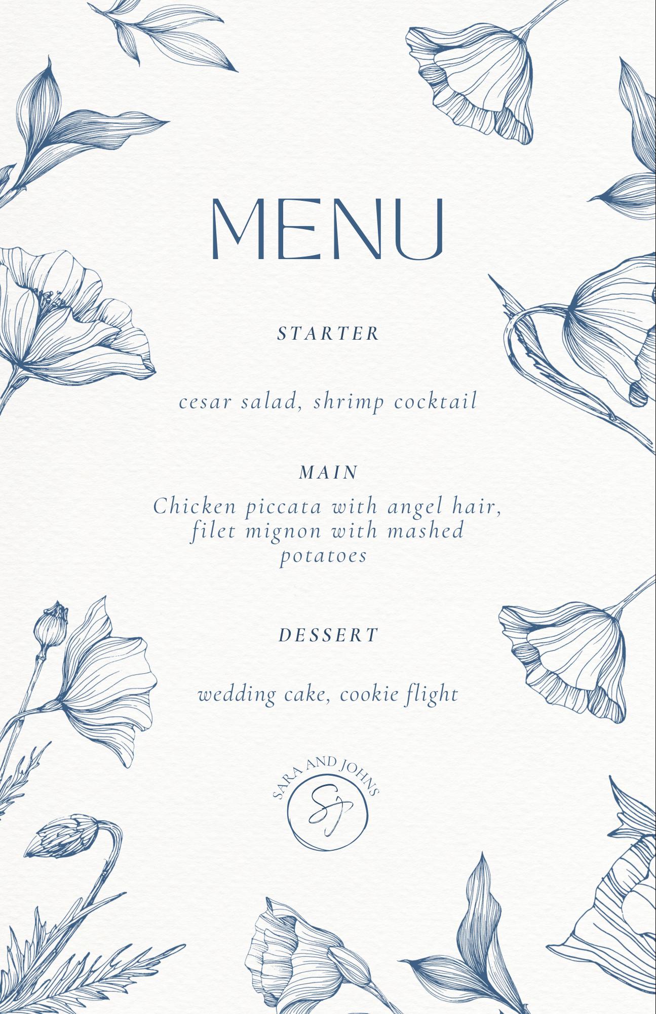 Wedding Menu Blue & White - Etsy