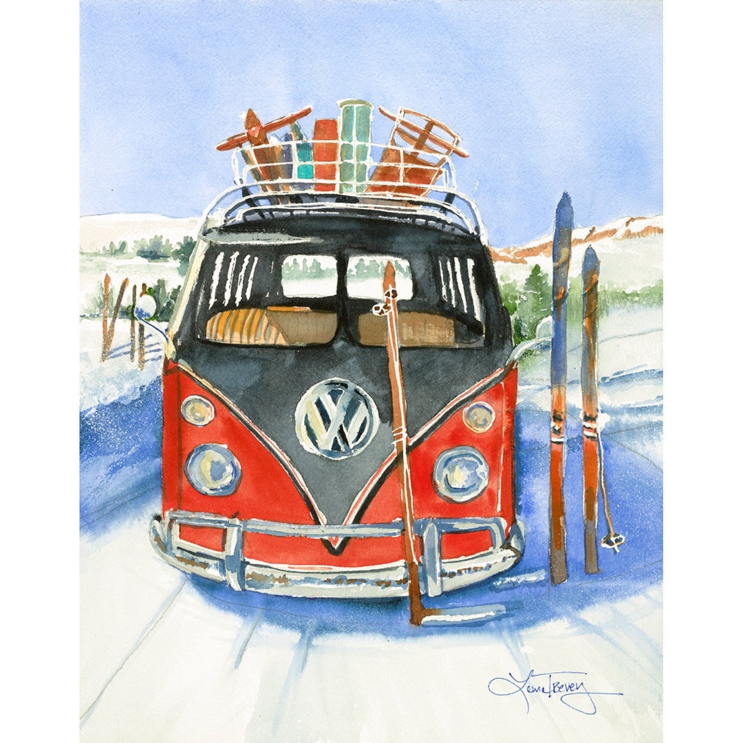 Vintage VW Bus Skiing Trip Watercolor Giclee Print - Fine Art Winter ...