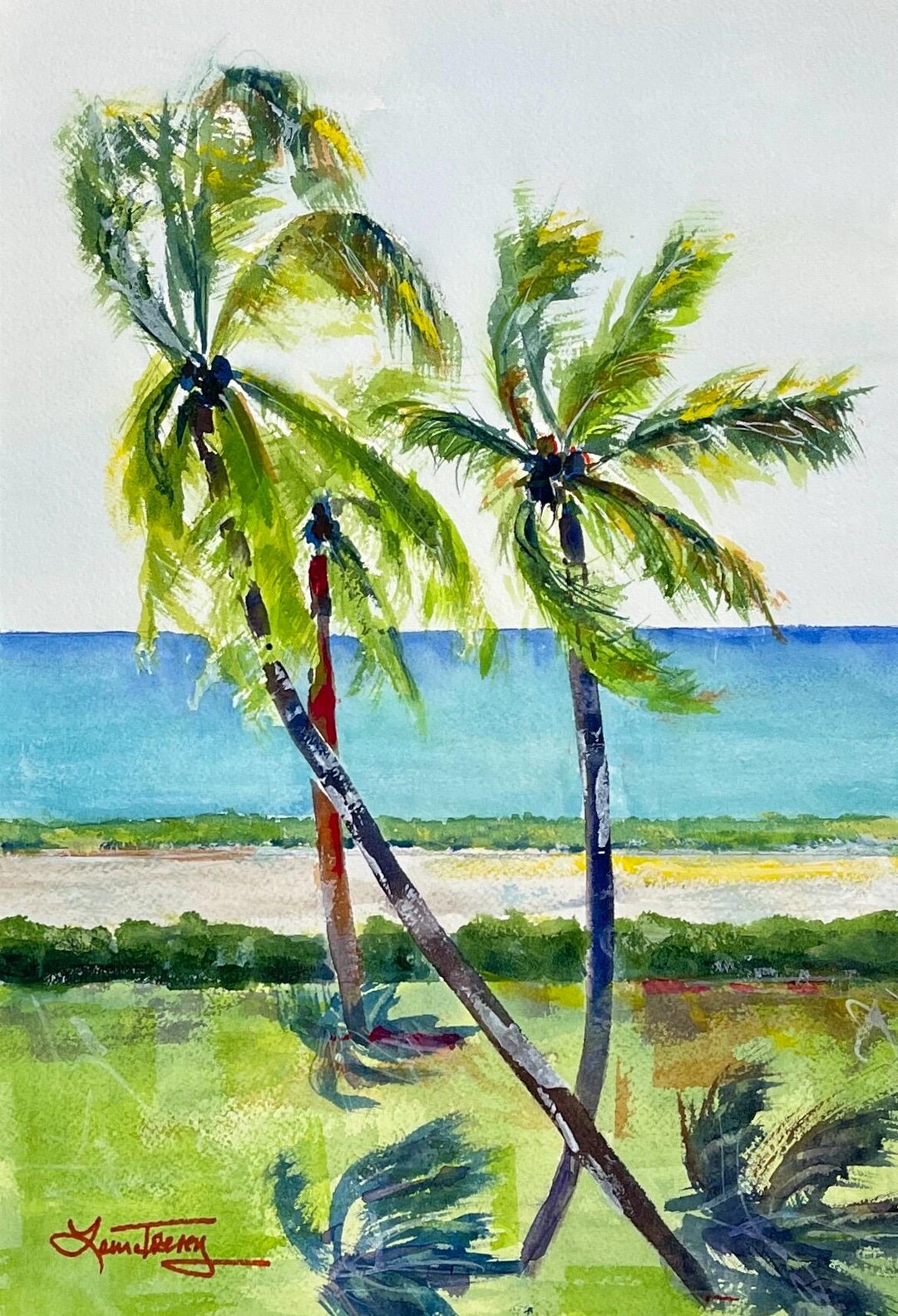 Ocean Drive Original Art Watercolor Painting, Palm Trees and Oceanfront ...
