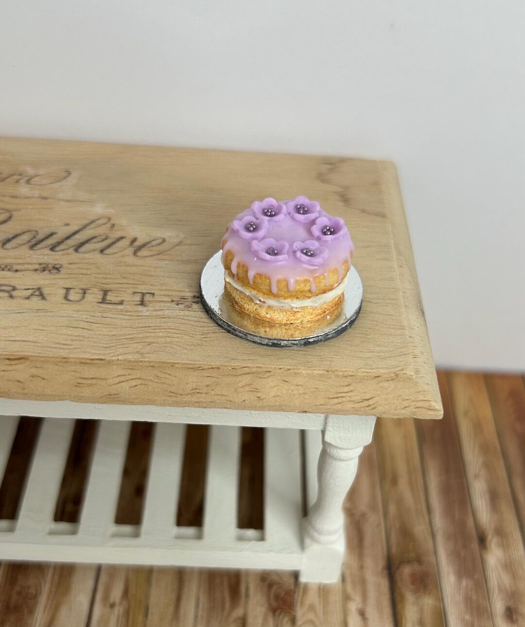 1:12th Scale Dollhouse Miniature Lilac Blossom Drip Cake on a Silver ...
