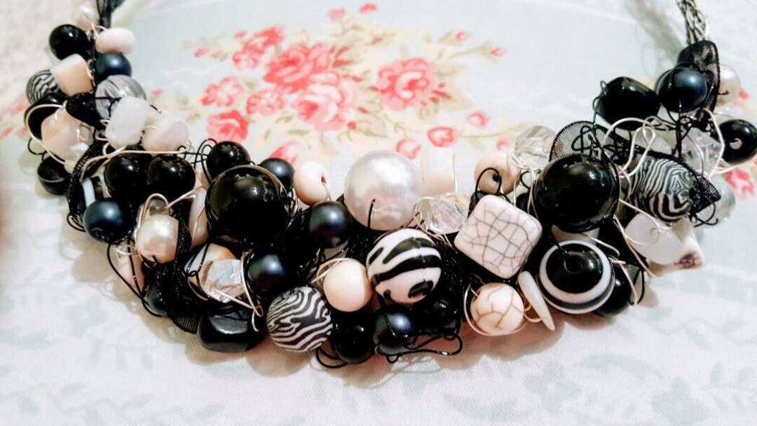 Zee Zee Crocheted Wire- Black and White Statement Necklace - Etsy