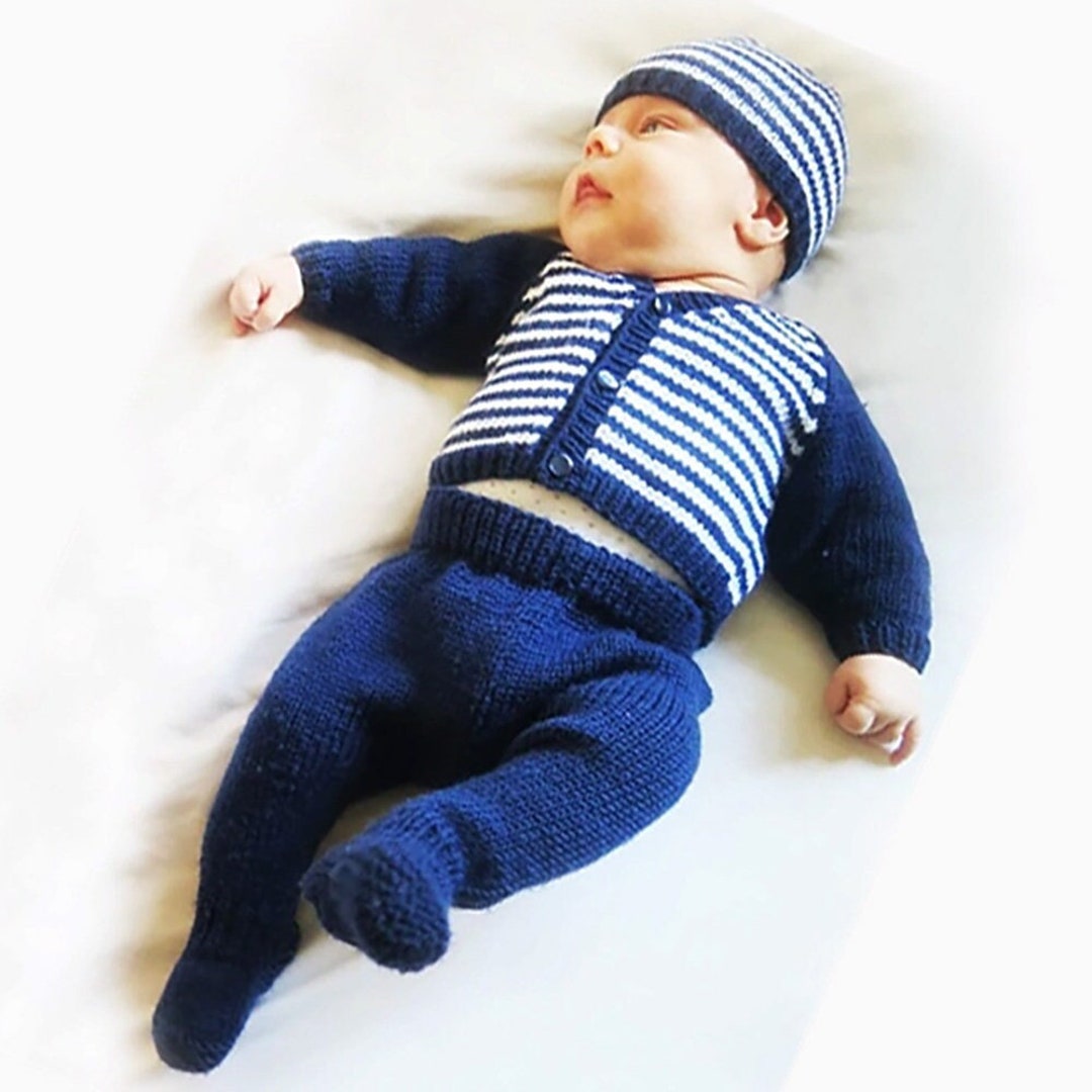 Baby Boy Knitting Pattern Outfit, With Stripe Cardigan, Leggings and ...