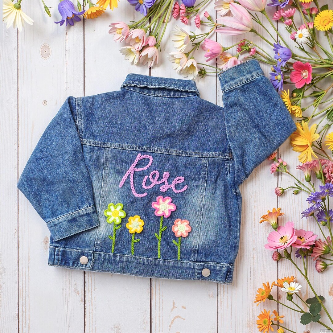 Custom Kids Name Jean Jacket, Personalized Hand Embroidered Floral ...