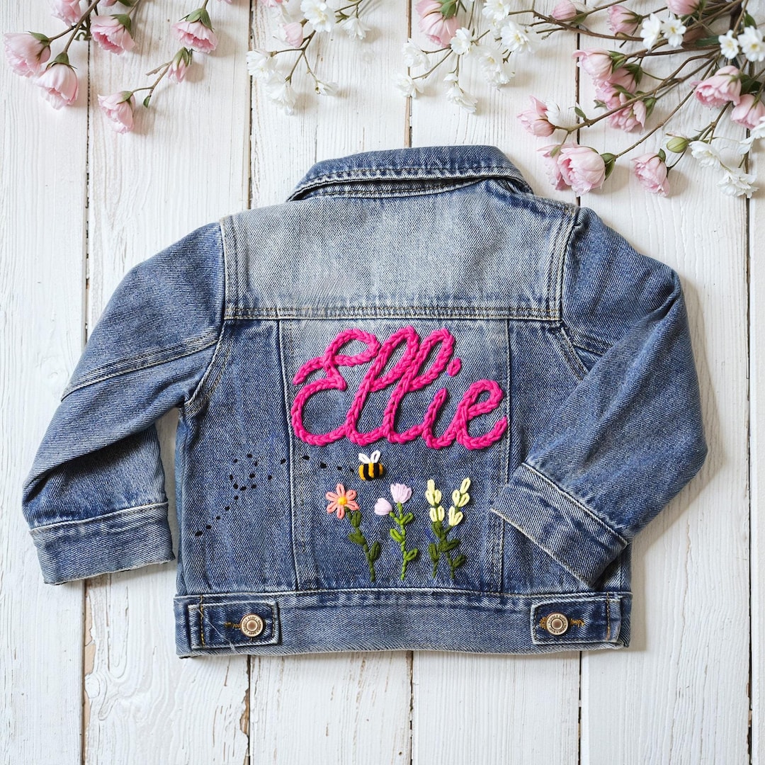 Personalized Hand Embroidered Floral Initial Denim Jacket,costume Cute ...