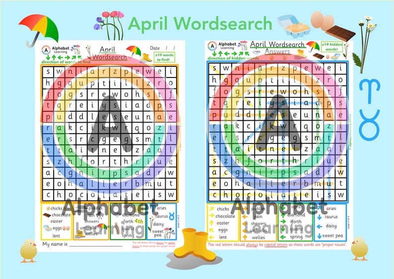 April Wordsearch, Illustrated Wordsearch, Seasonal Words, Seasonal ...