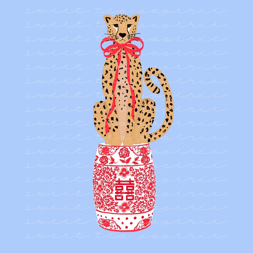 Cheetah Chinoiserie Clip Art: Red Bow, Gouache Style (instant Download ...