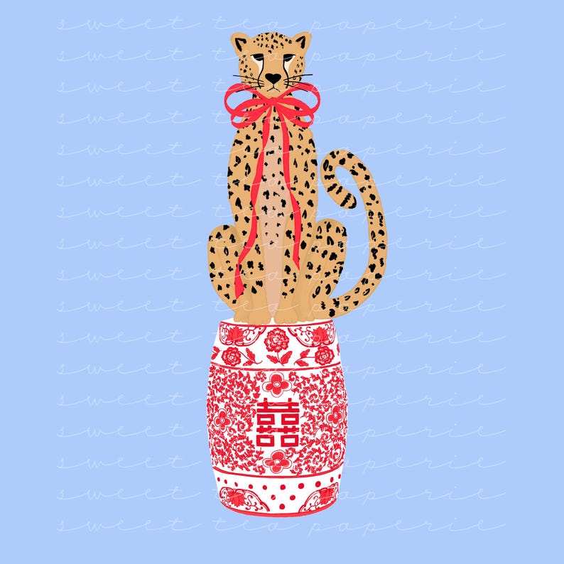 Cheetah Chinoiserie Clip Art: Red Bow, Gouache Style (instant Download ...