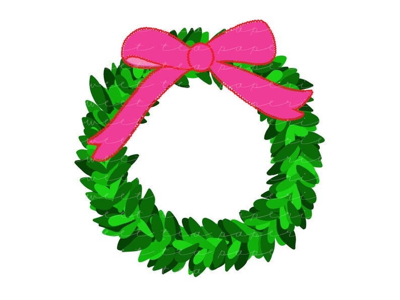 Boxwood Wreath With Pink Bow Clip Art (instant Download) - Etsy