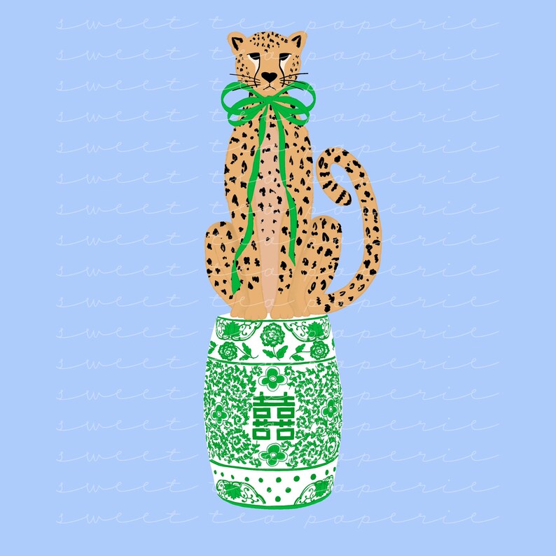 Cheetah Chinoiserie Clip Art: Green Bow, Gouache Style (instant ...