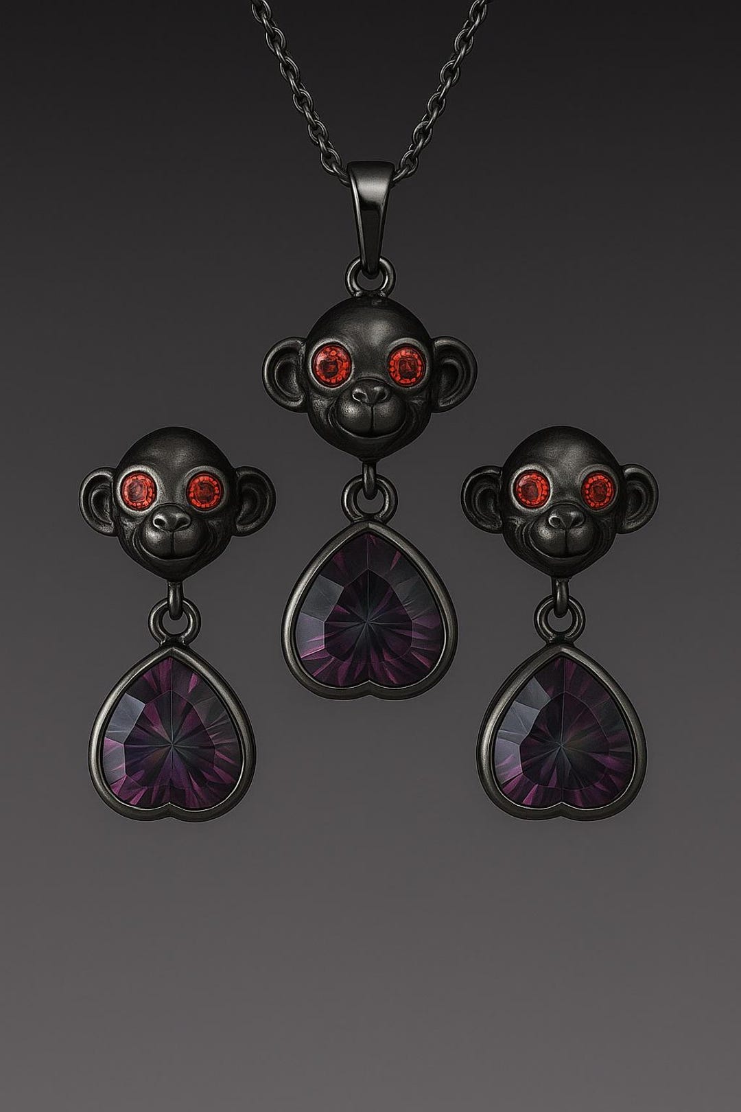 Monkey Jewelry, Realistic Monkey Face Silver Jewelry Set - Light Garnet ...
