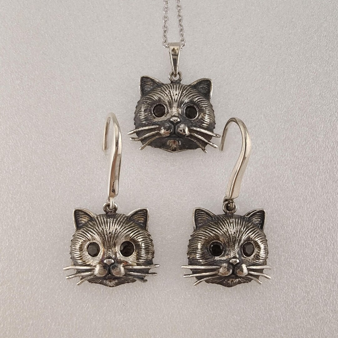 Oxidized Sterling Silver Cat Jewelry Set: Garnet Eyes, Handmade - Etsy