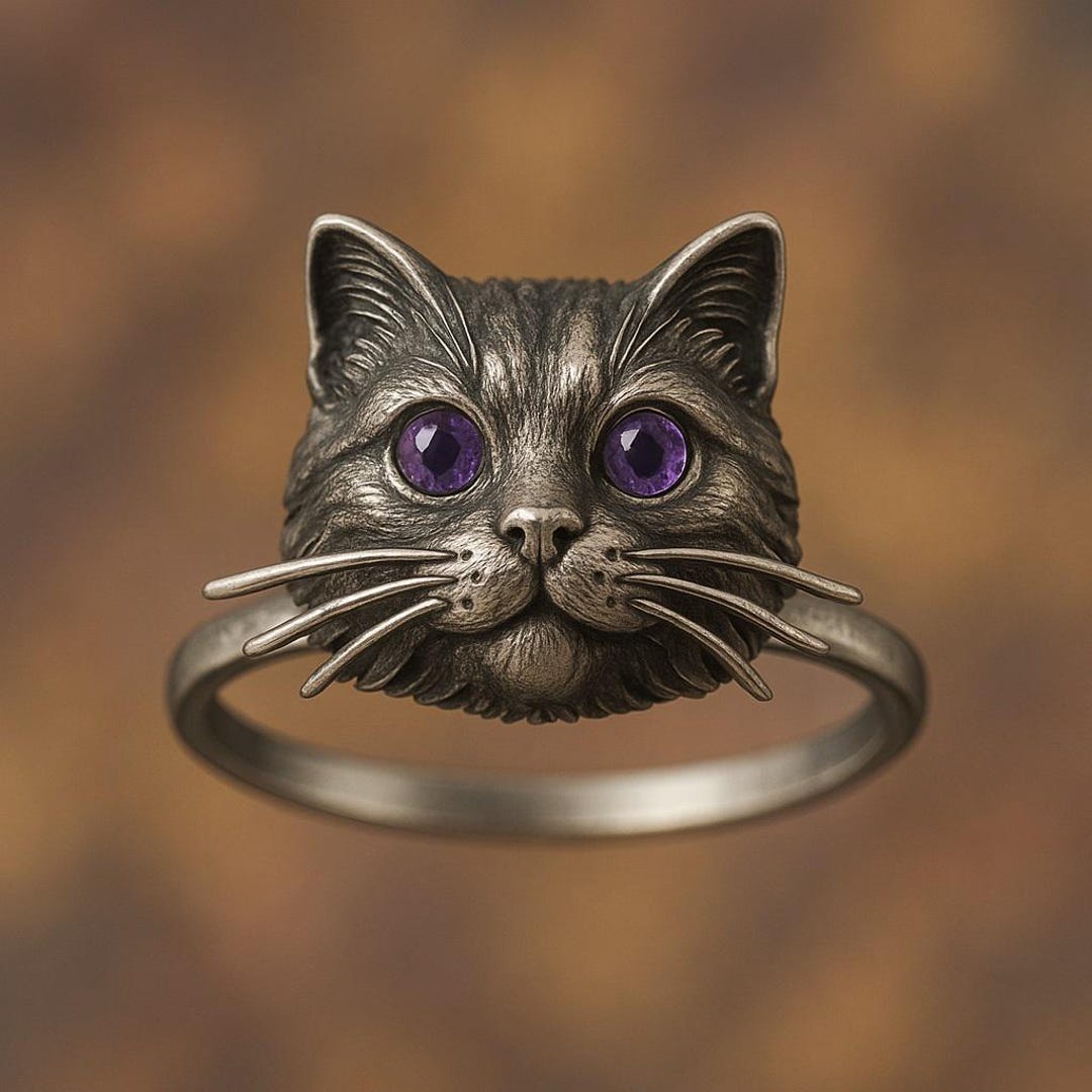 Silver Cat Ring, Handcrafted Silver Cat Face Ring With Natural Amethyst ...