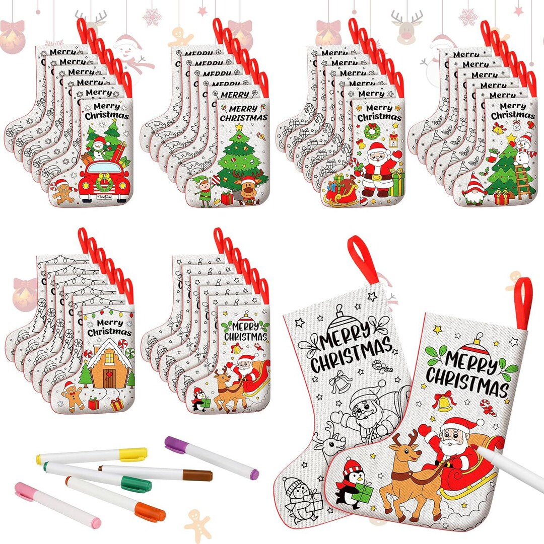 24 Pcs Color Your Own Christmas Stockings With 48 Pcs Pens, DIY ...