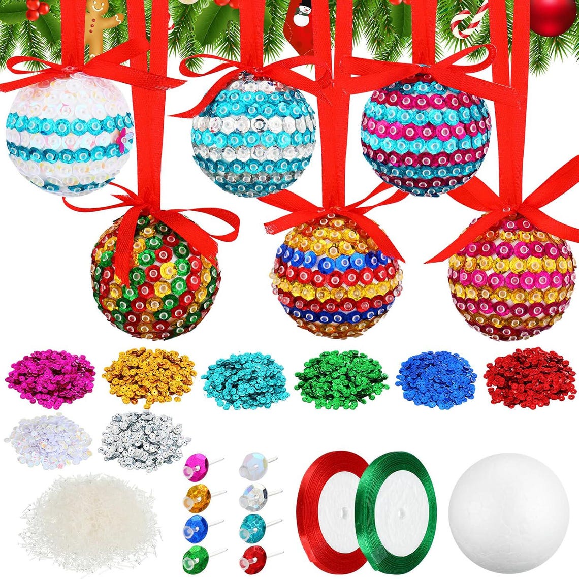 20 Sets Christmas Crafts Sequin Ornaments Kit Includes Foam Balls ...