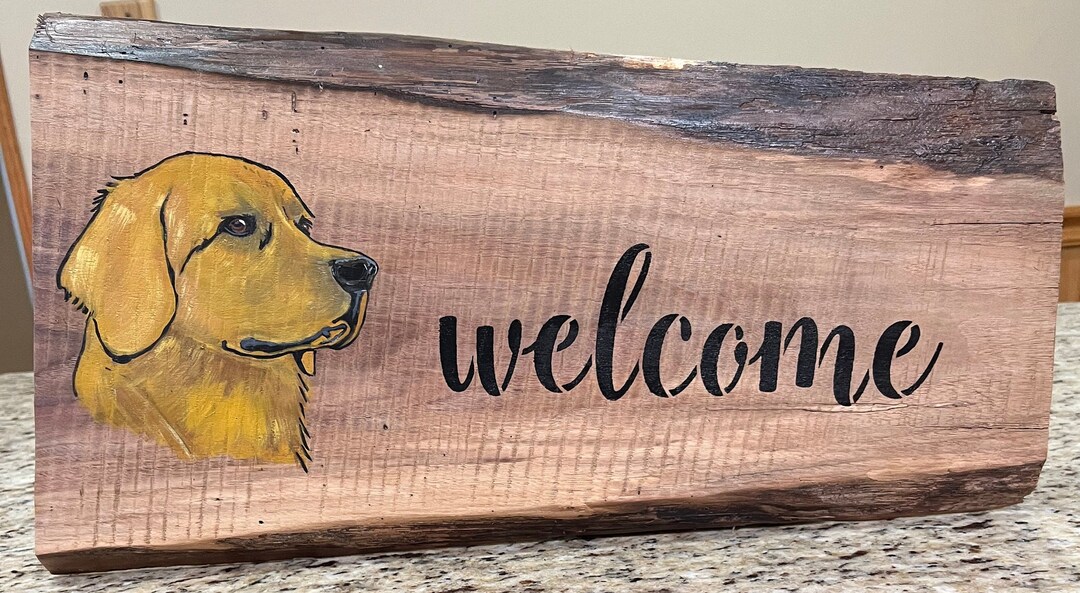 Hand-painted Golden Retriever Welcome Sign, Live Edge Walnut Decor - Etsy