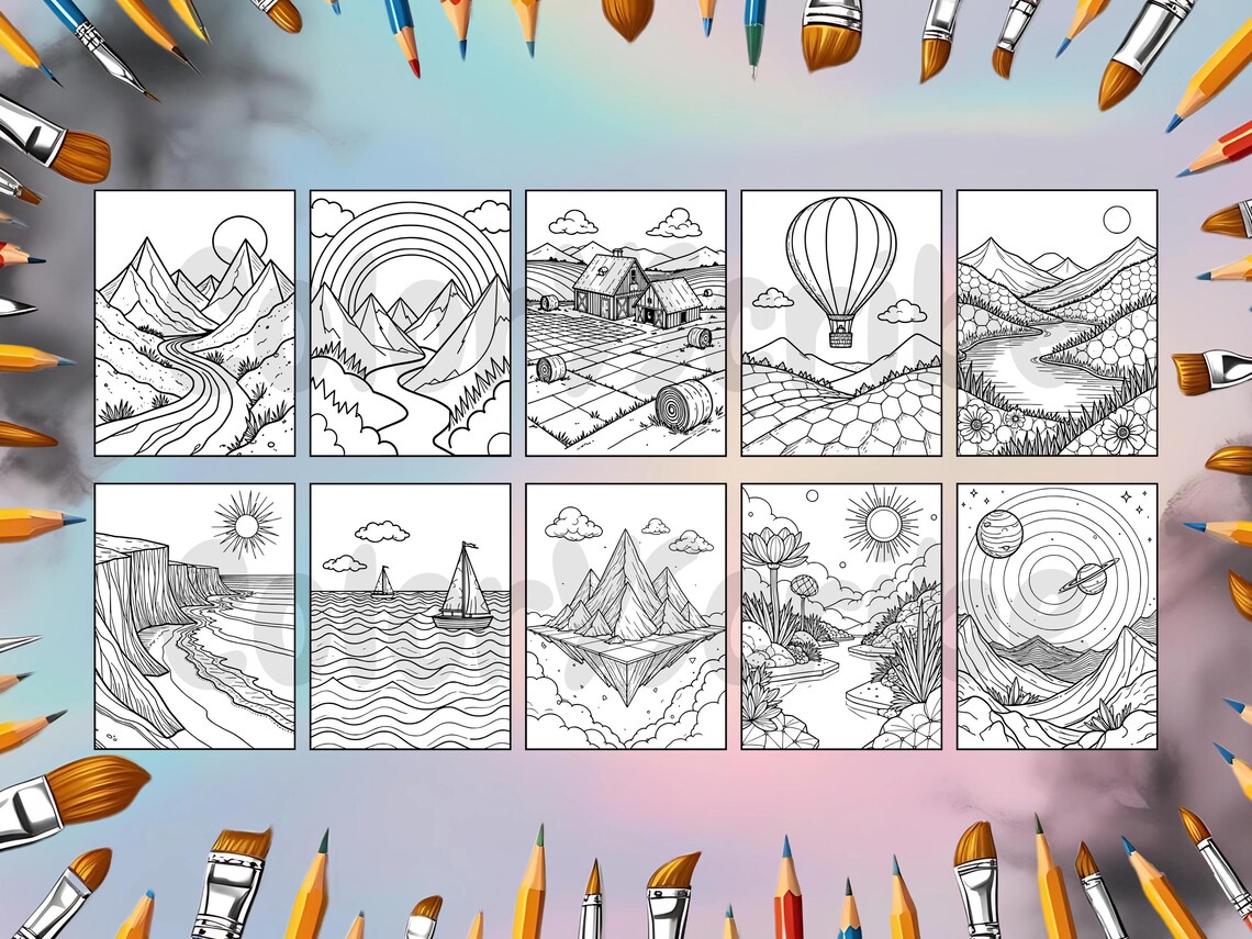 Geometric Landscape Digital Coloring Book, Coloring Pages, Printable ...