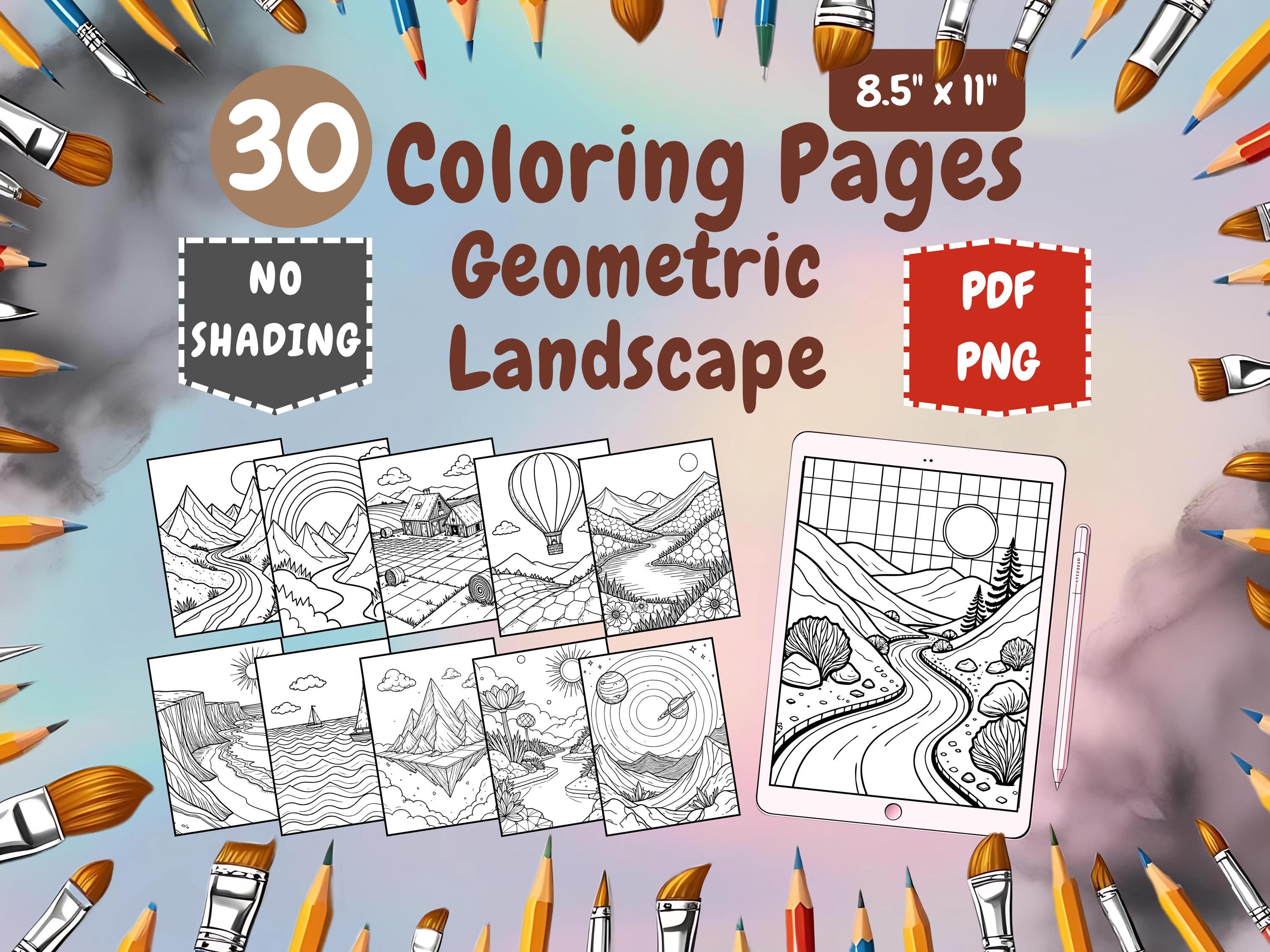 Geometric Landscape Digital Coloring Book, Coloring Pages, Printable ...