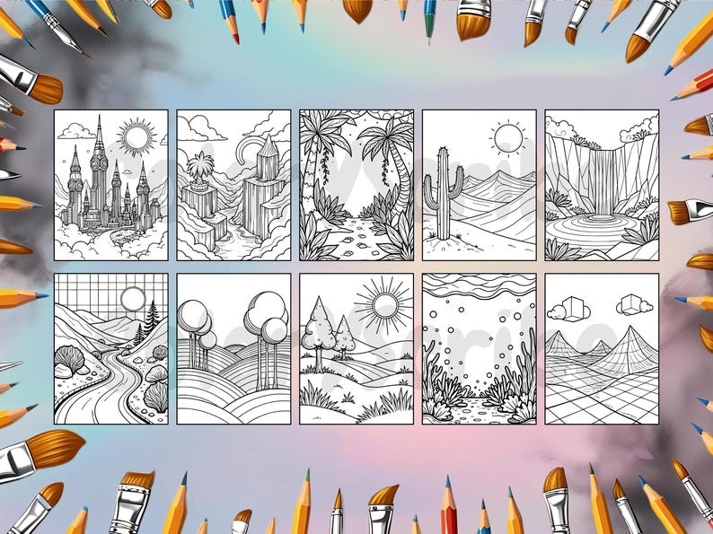 Geometric Landscape Digital Coloring Book, Coloring Pages, Printable ...