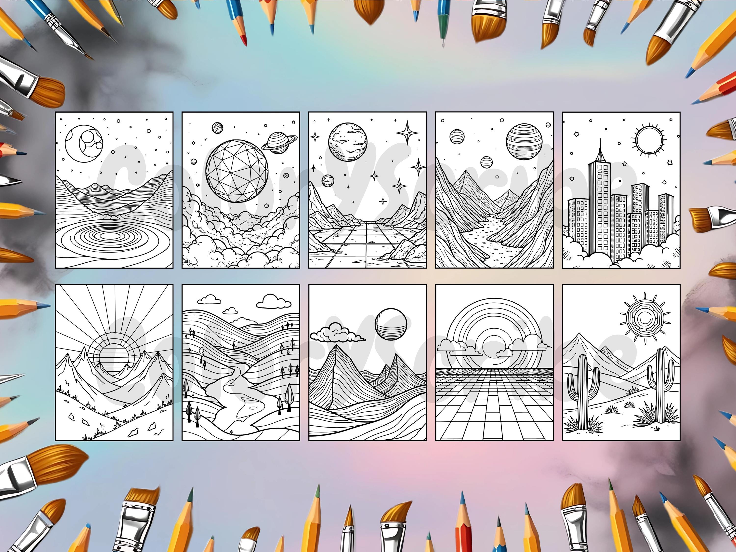Geometric Landscape Digital Coloring Book, Coloring Pages, Printable ...