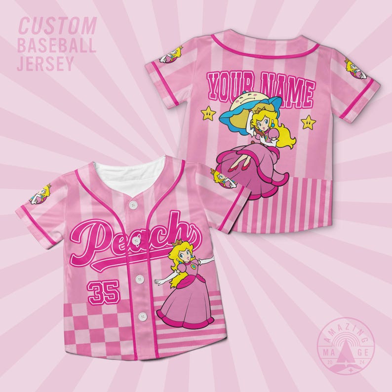 Custom Princess Peach Super Mario Bros Baseball Jersey, Peach Princess ...
