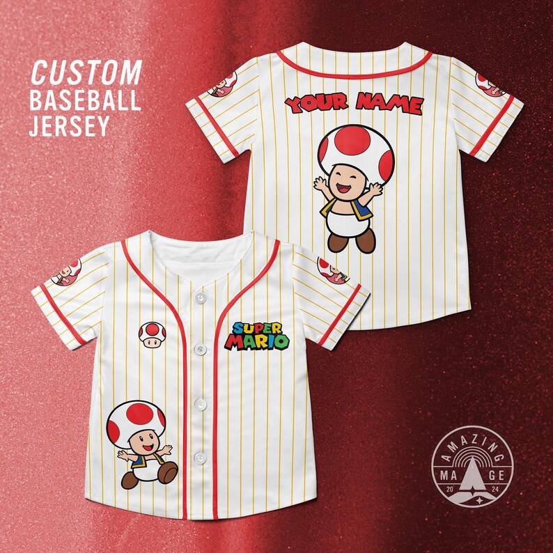 Custom Toad Mushroom Kingdom Super Mario Baseball Jersey, Nintendo ...