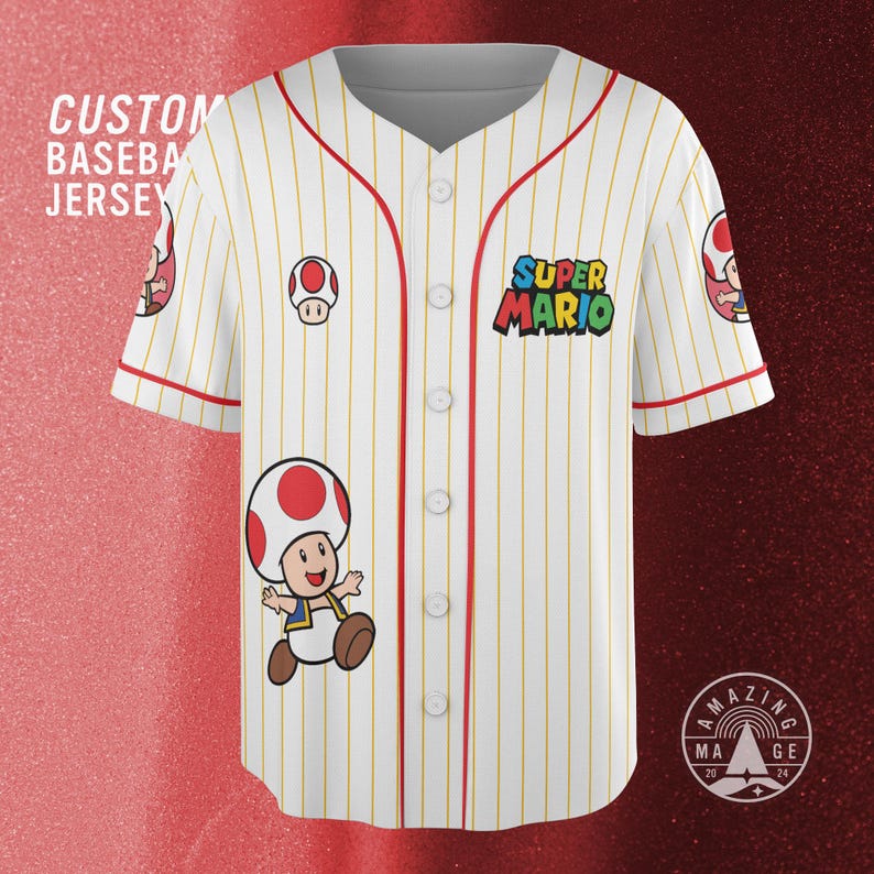 Custom Toad Mushroom Kingdom Super Mario Baseball Jersey, Nintendo ...