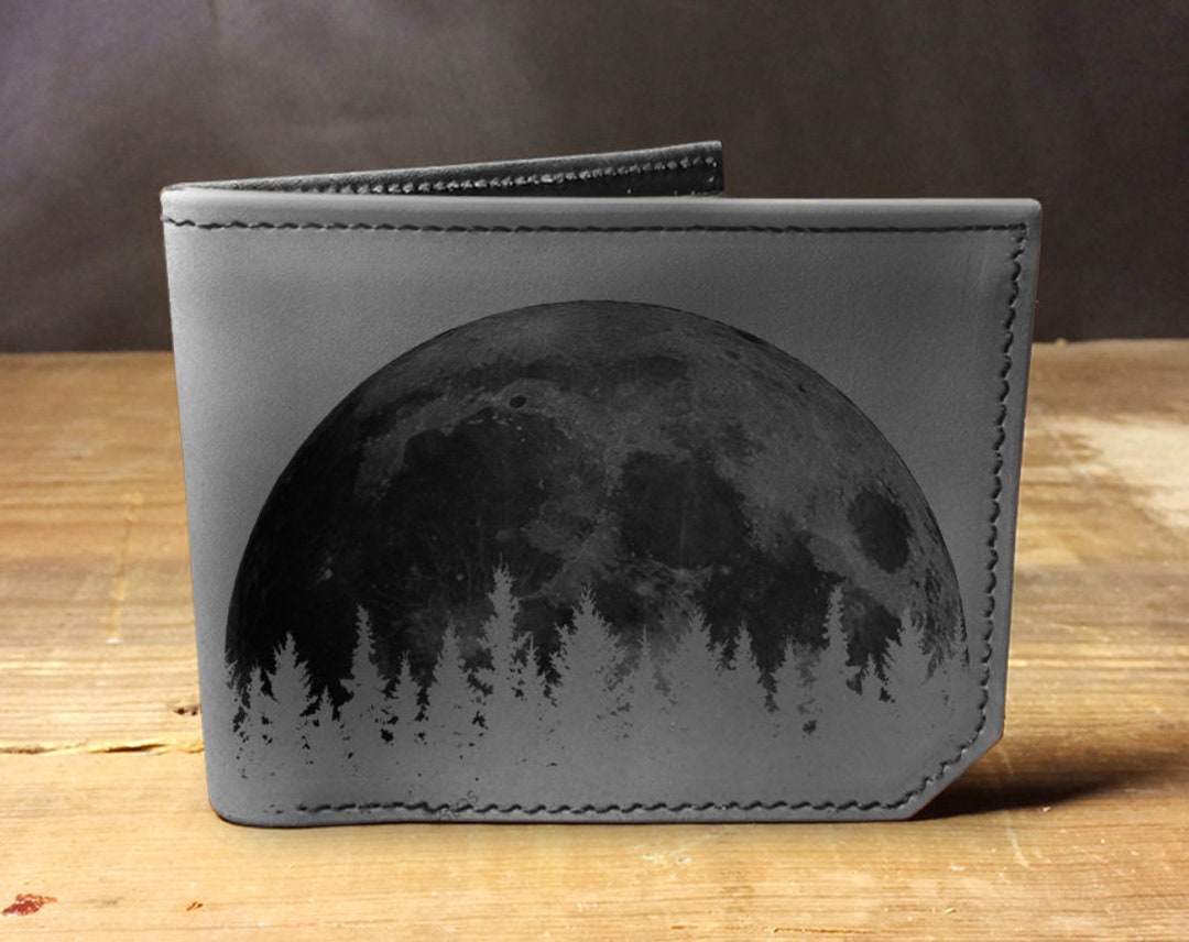 Mens Leather Bifold Wallet: Moon & Forest Design, Slim Wallet - Etsy