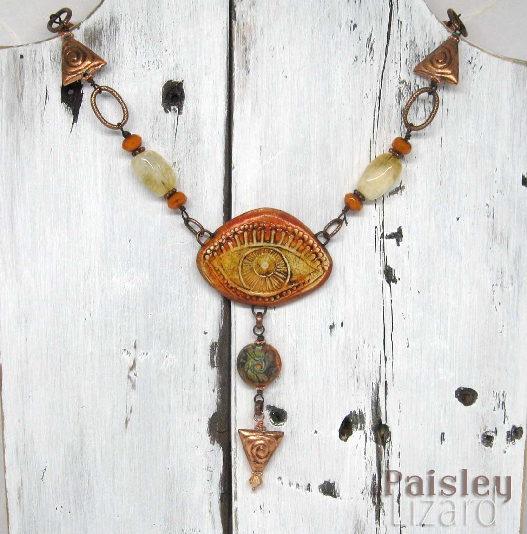 Orange Evil Eye Amulet Necklace, Boho Art Jewelry by Paisley Lizard - Etsy