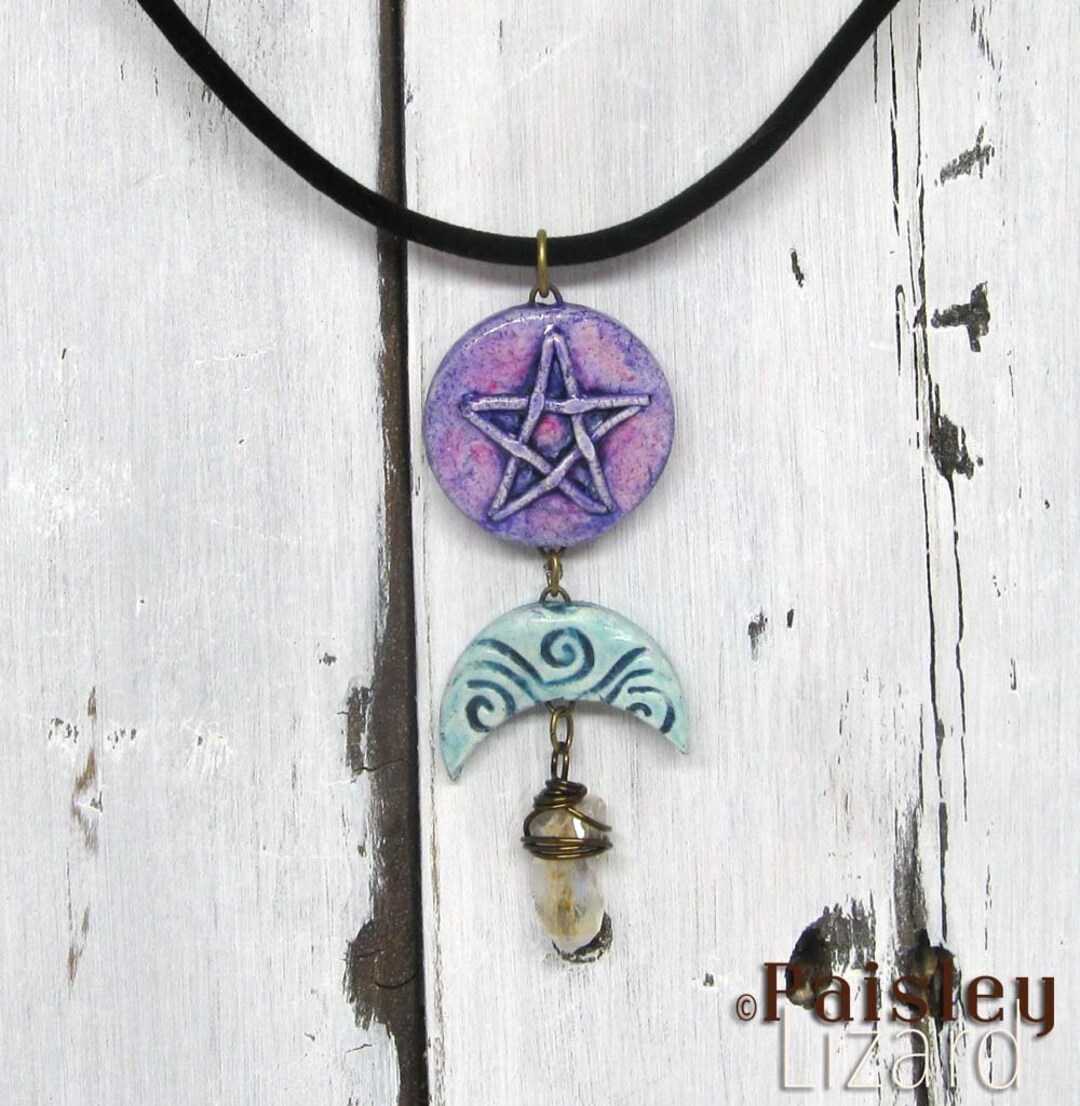 Pentacle Crescent Moon Amulet Necklace, Paisley Lizard Boho Art Jewelry ...