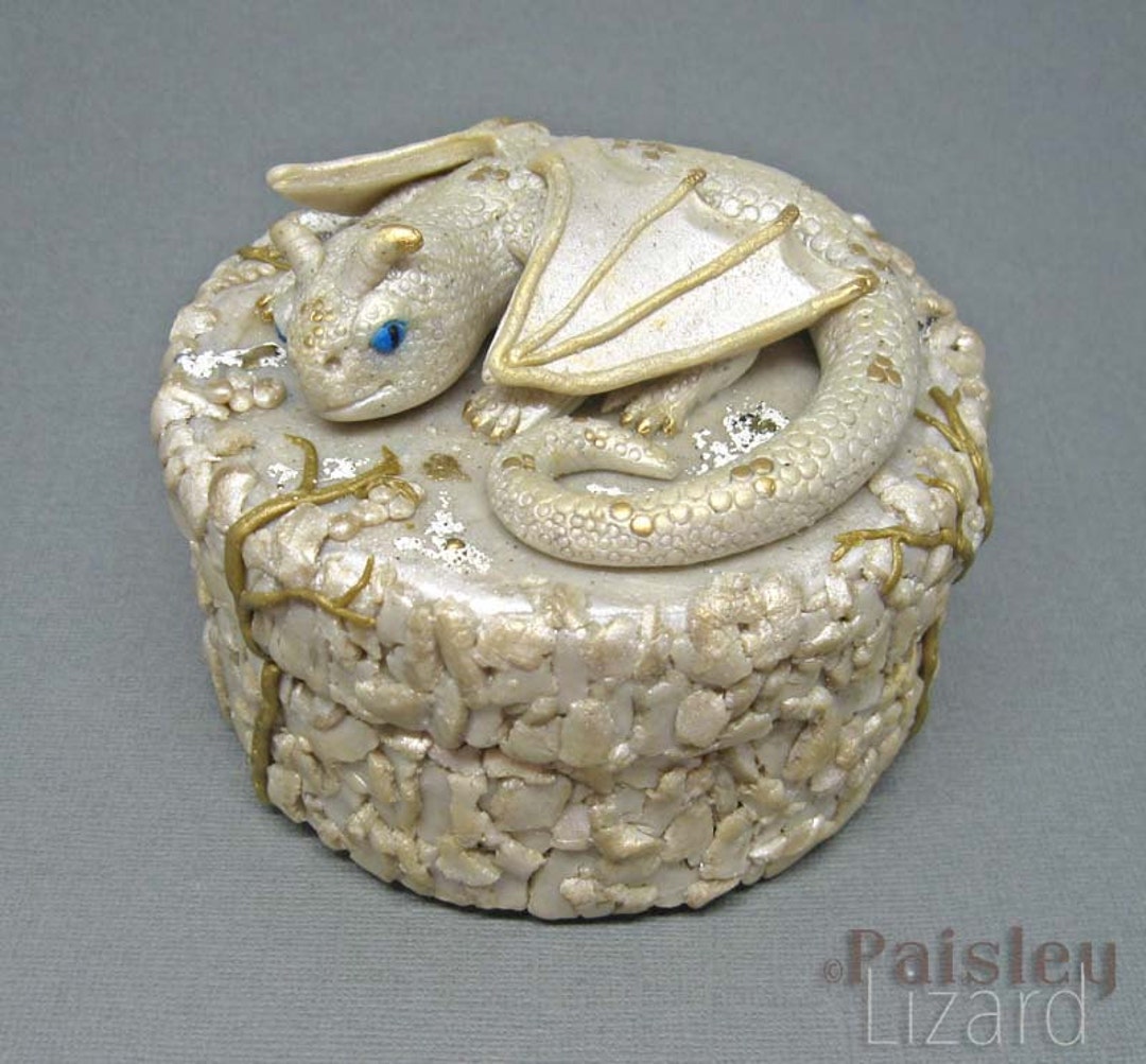 White Gold Dragon jewelry keepsake box, polymer clay mixed media gift ...