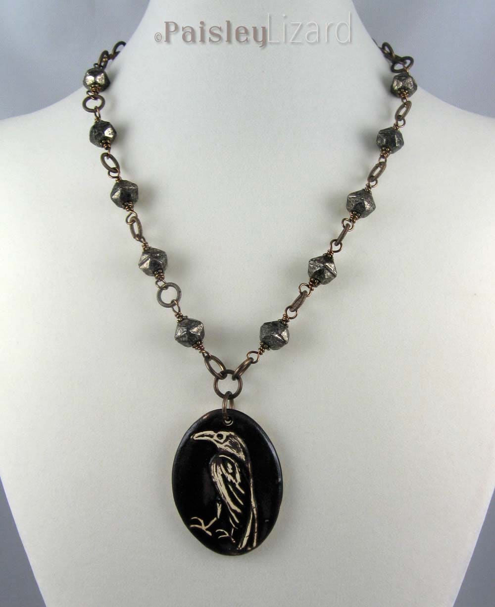 Wise Black Raven Necklace, Ceramic Pendant on Beaded Chain With Czech ...