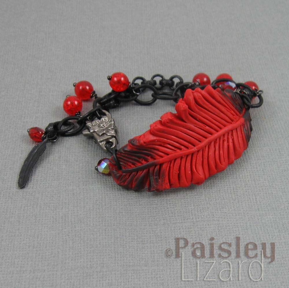Cardinal Feather Bracelet, Red Black Polymer Clay Bar on Beaded Matte ...