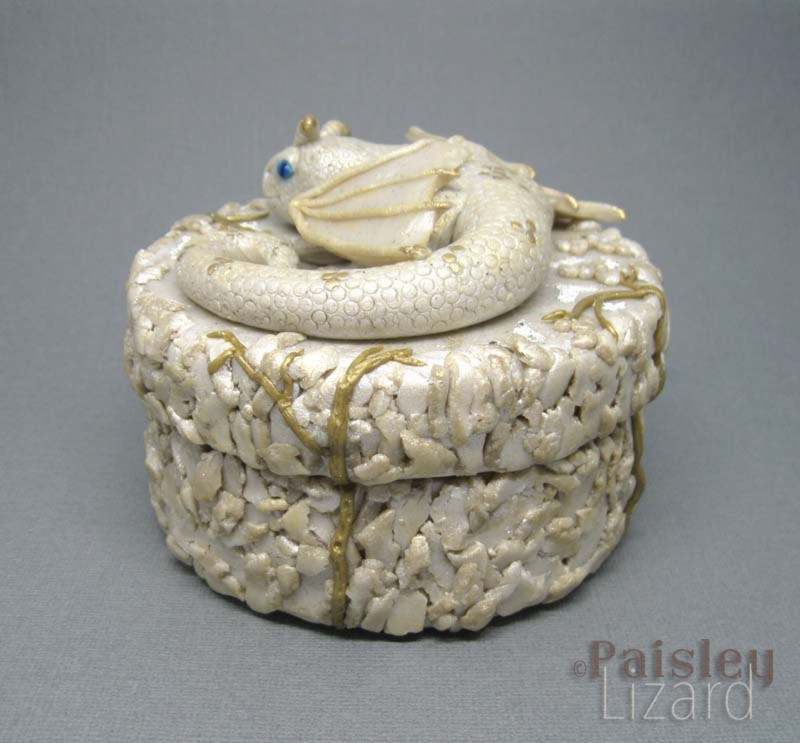 White Gold Dragon jewelry keepsake box, polymer clay mixed media gift ...