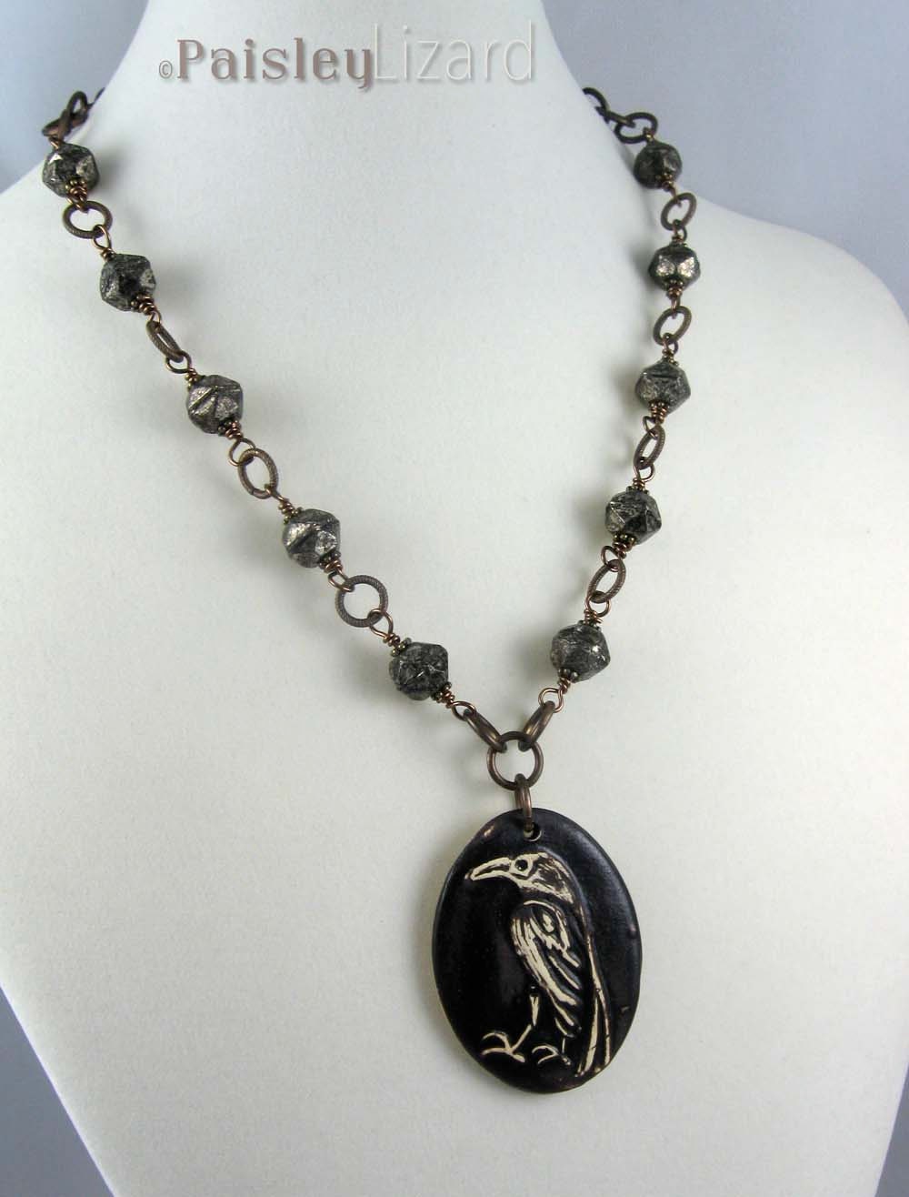 Wise Black Raven Necklace, Ceramic Pendant on Beaded Chain With Czech ...