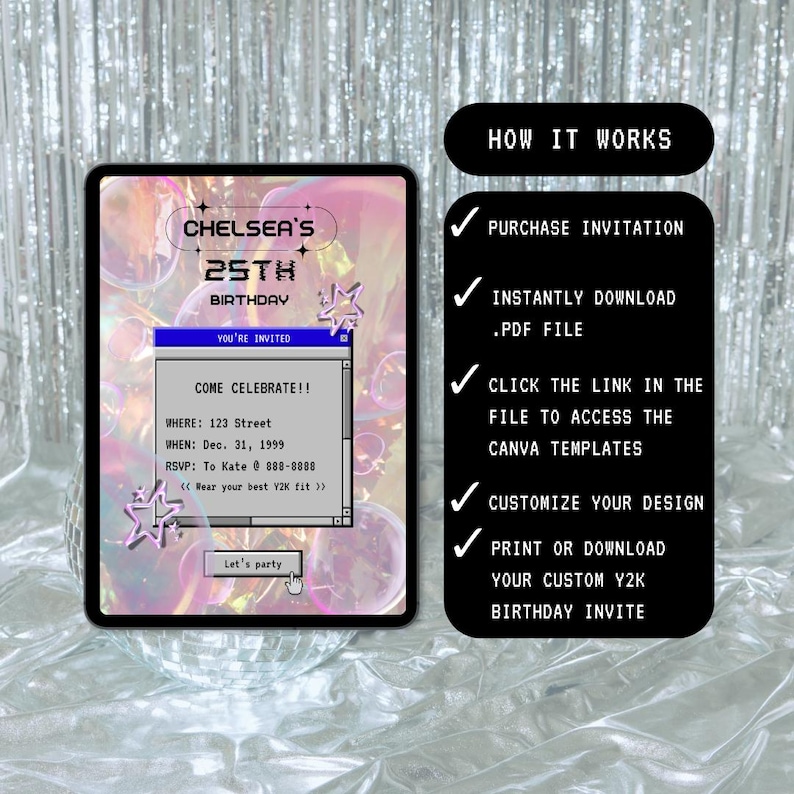 Customizable Y2K Birthday Invitation | Editable Canva Template - Etsy