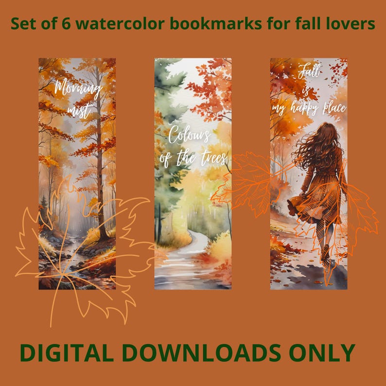 Set of 6 Fall Bookmarks, Autumn Bookmarks, Digital Bookmarks to ...