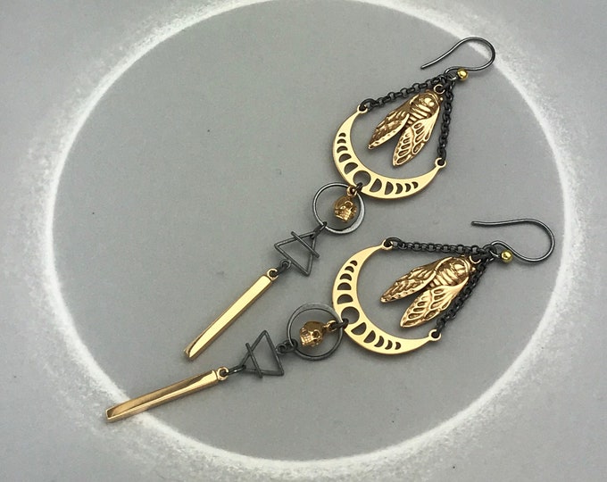 Mixed Metal Cicada and Skull Earrings With Moon Phases and Earth and ...
