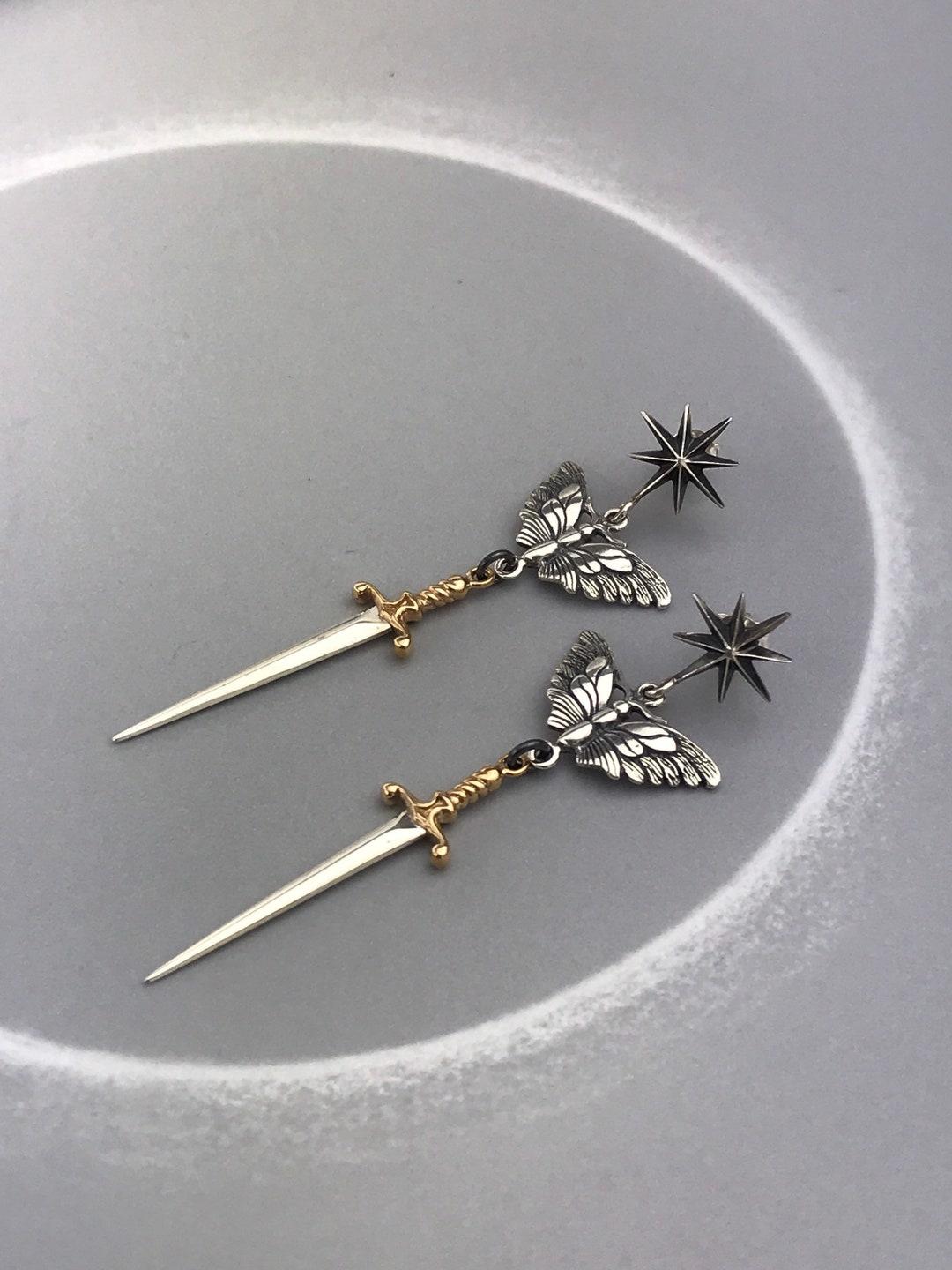 Sterling Silver Star Stud Earrings With Swords and Moths, Sword ...