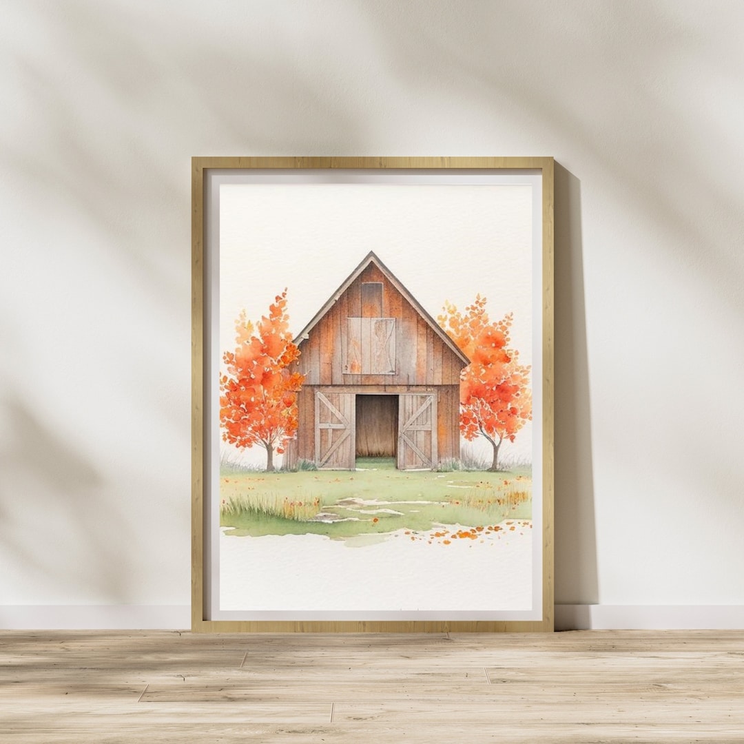 Barn in Fall Watercolor Printable Wall Art Farm Print Thanksgiving ...