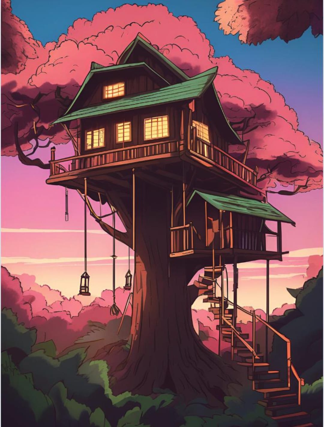 Anime Tree House Sunset - Etsy