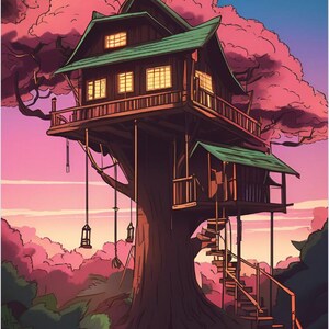 Anime Tree House Sunset - Etsy