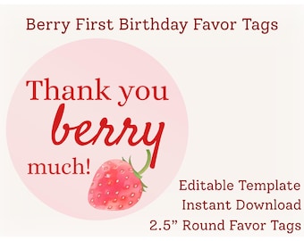 Berry First Birthday Favor Tags Editable, Strawberry Party Gift Tags ...