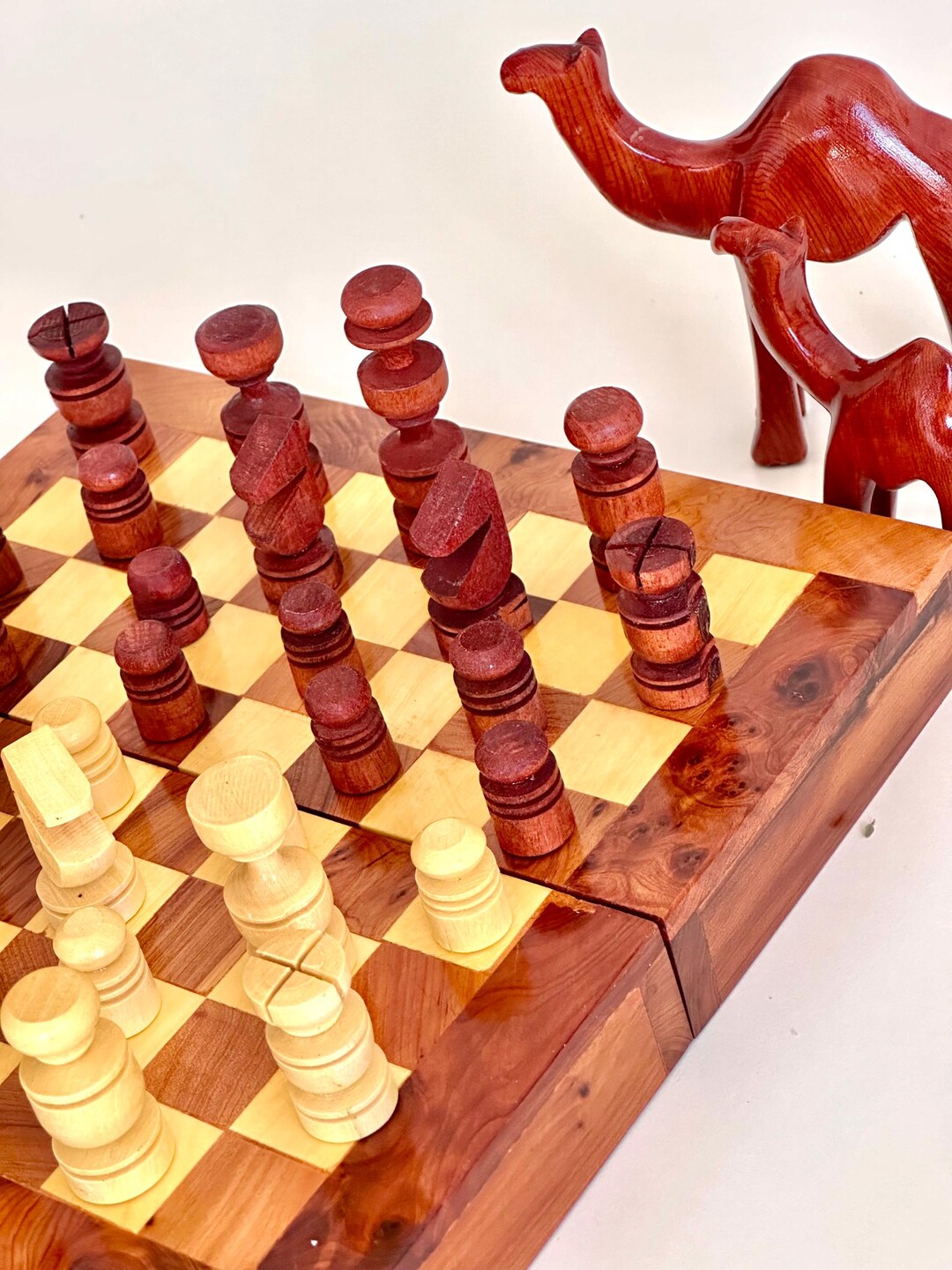 Handcrafted Wooden Chess Set With Animal Figurines - 25cm Compact ...