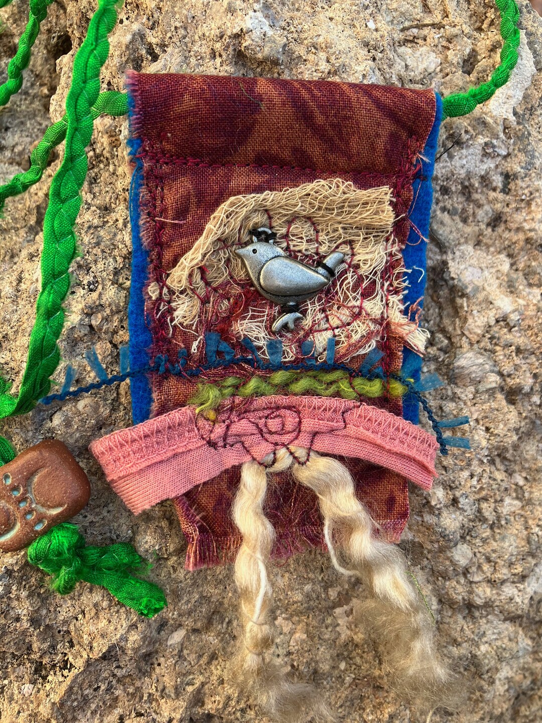 Textile Art Necklace, Long, Fabric Pendant, Fiber Jewelry , Fabric ...