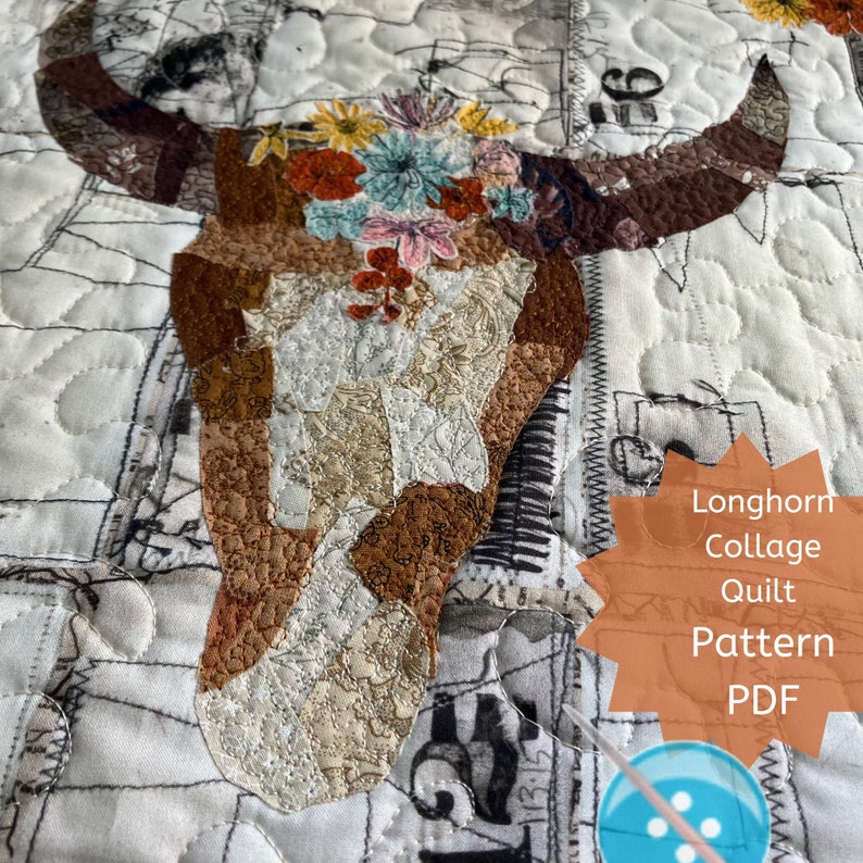 Digital Sewing Pattern, Longhorn Collage Quilt Pattern, Youtube Project ...