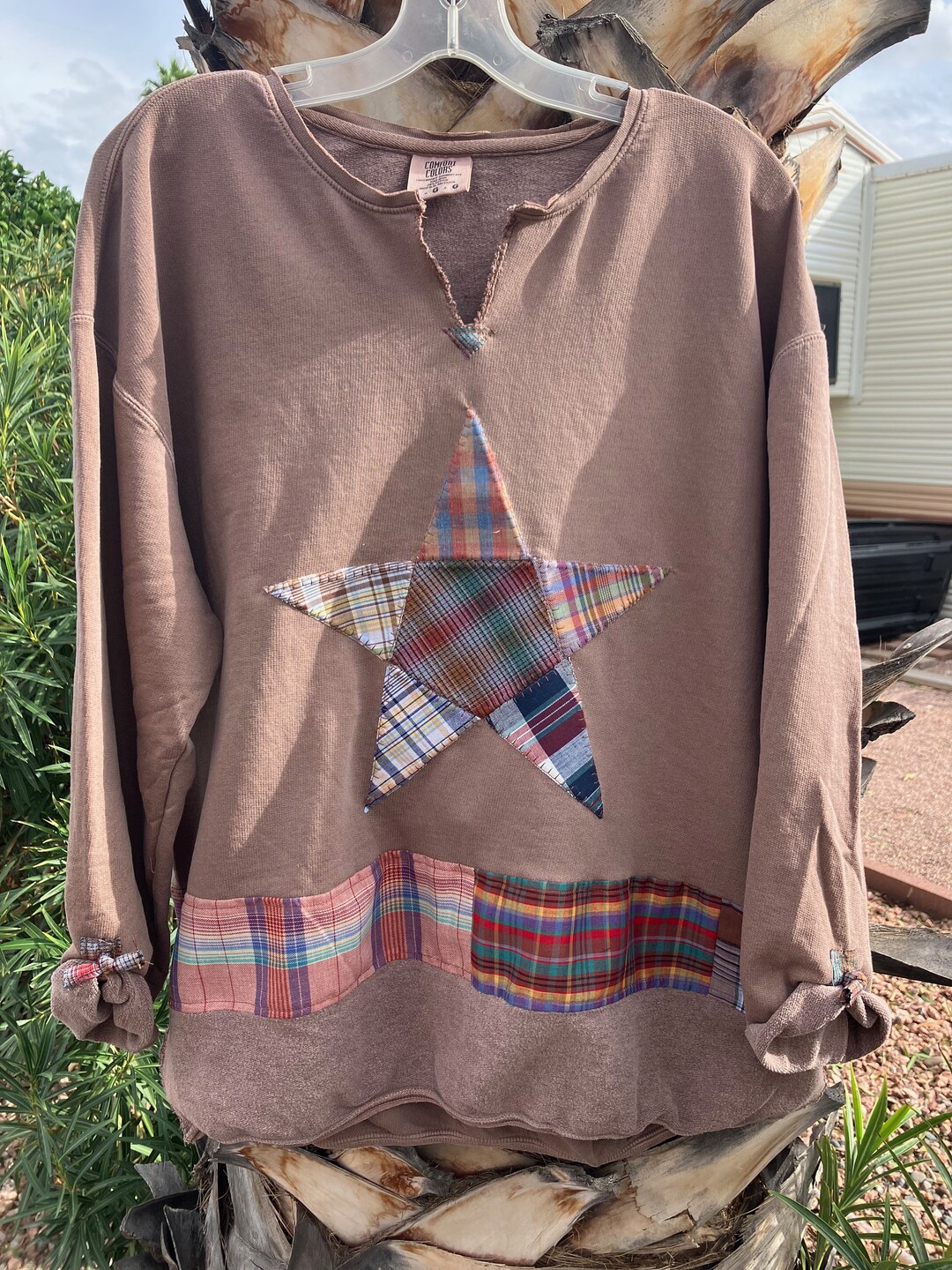 Star Sweatshirt, Reconstructed Sweatshirt, Appliquéd, Washed Brown ...