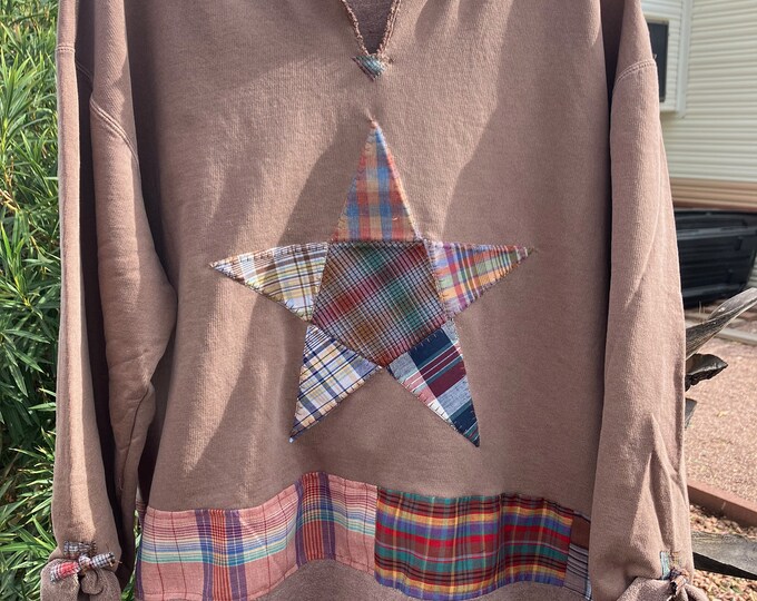 Star Sweatshirt, Reconstructed Sweatshirt, Appliquéd, Washed Brown ...